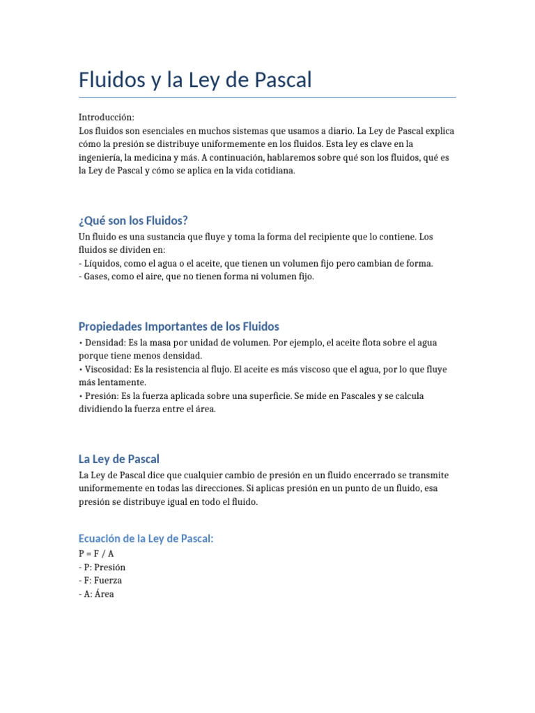 Investigación sobre los Fluidos y las Leyes de Pascal | PDF