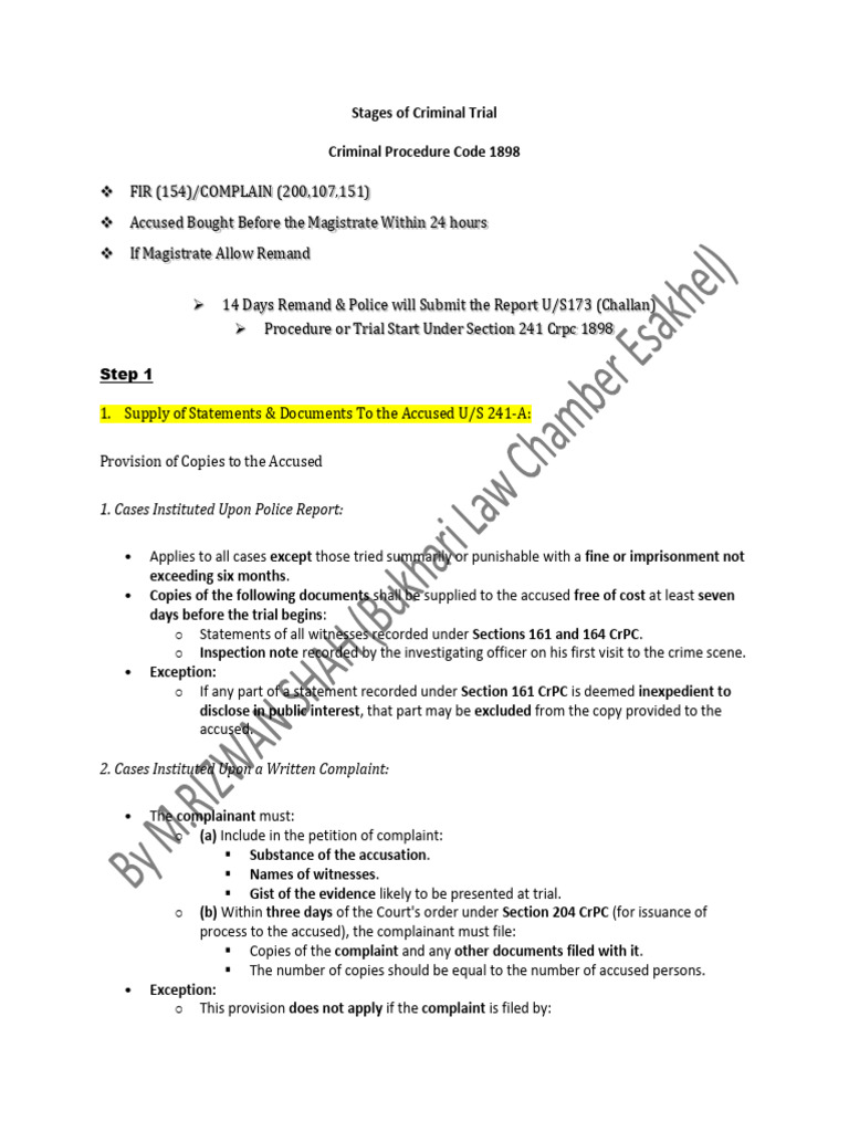 Stages of Criminal Trial by Magistrate Under Criminal Procedure Code ...