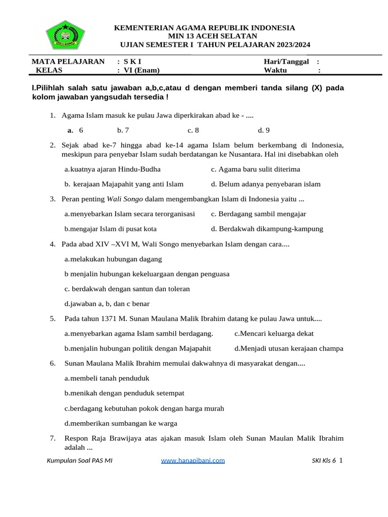 PAS SKI Kls 6 MI Soal Dan Kunci | PDF