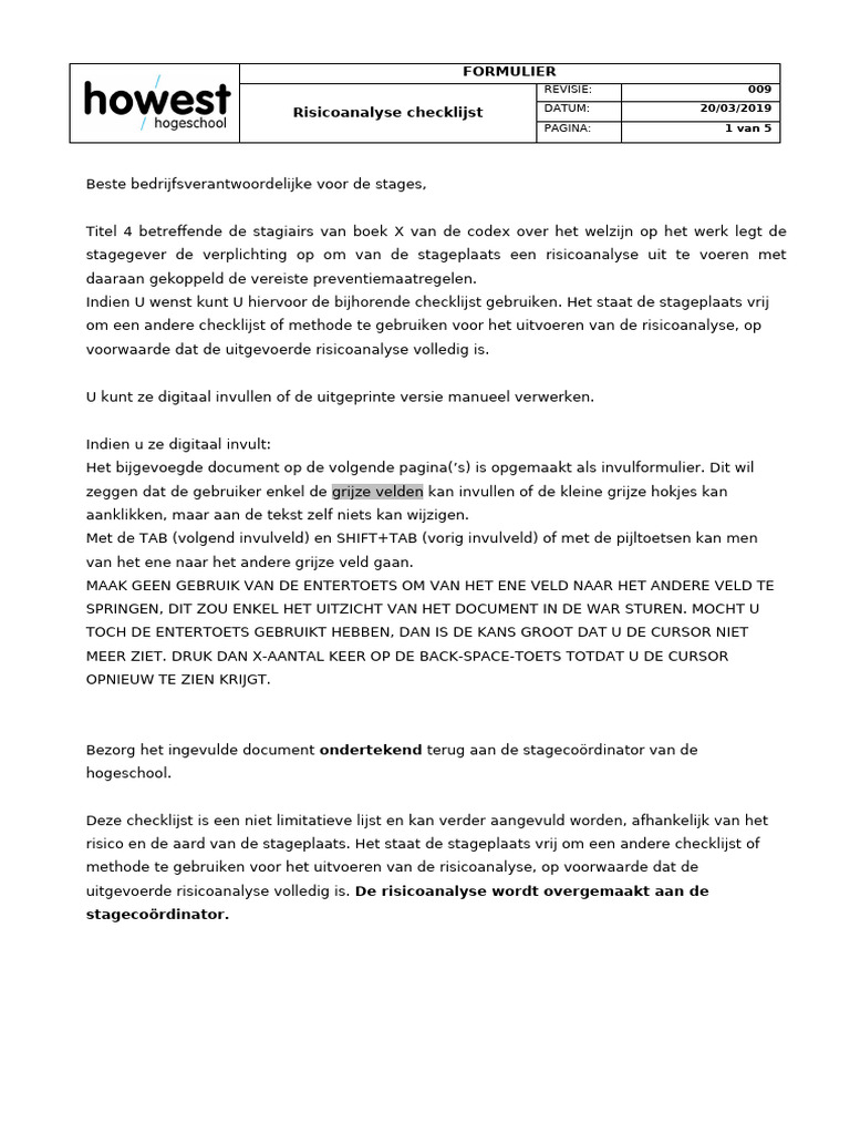 Risico Analyse Checklist Blanco-2020 | PDF