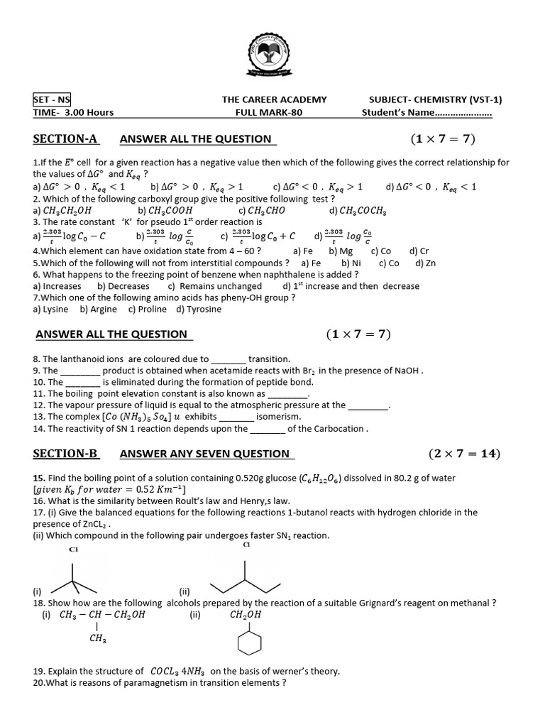 CHSE 2nd Yr VST - 1 Chemistry 06.12.24 | PDF | Chemical Reactions | Acid