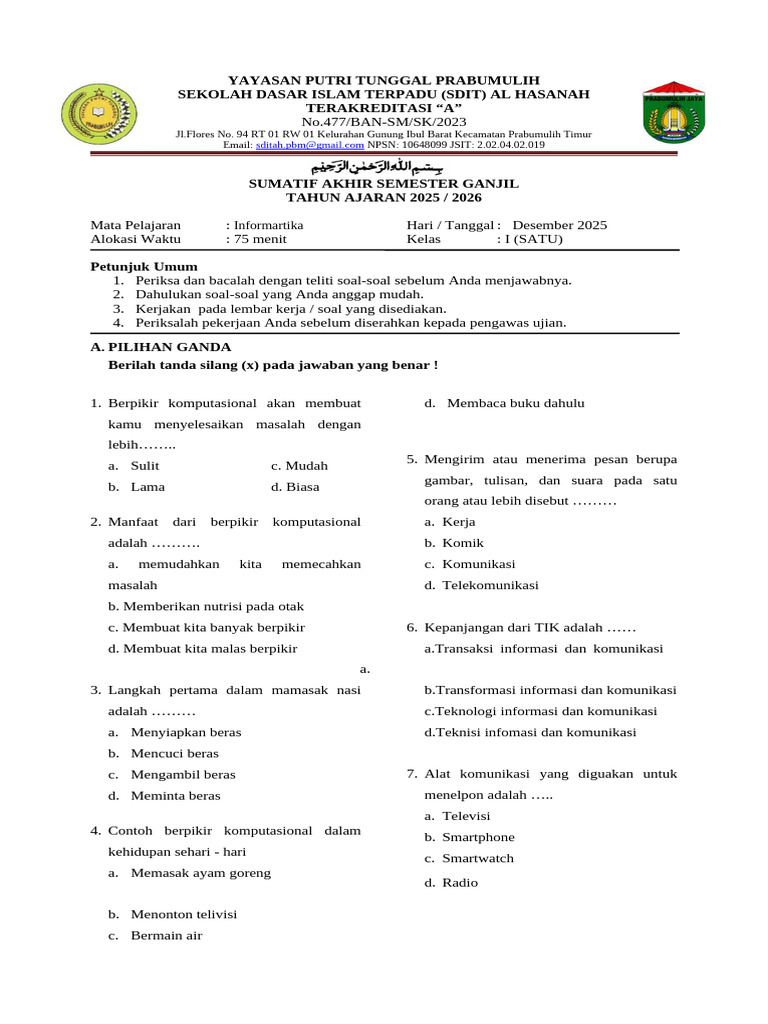 Soal Tik Kelas 1 | PDF