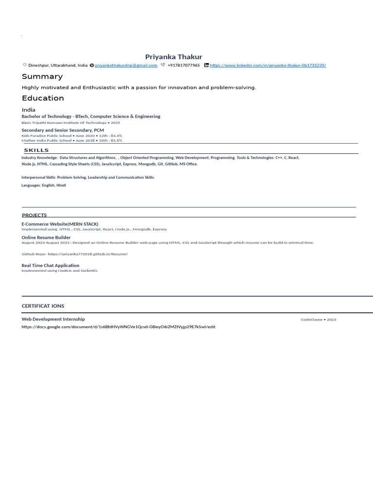 Priyanka Resume Intern 7 | PDF