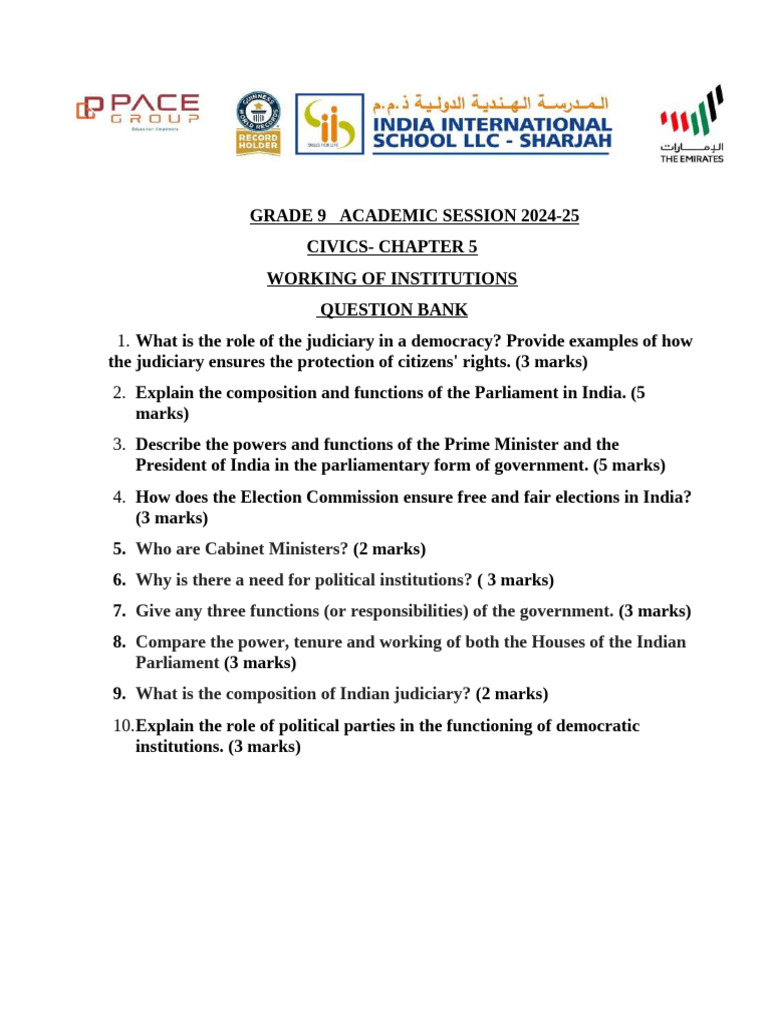 Grade 9 Civics Chapter Working of Institutions QB 2024 25 | PDF ...