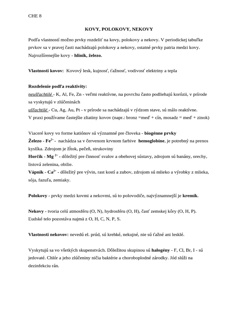 Kovy Polokovy Nekovy - Poznámky | PDF