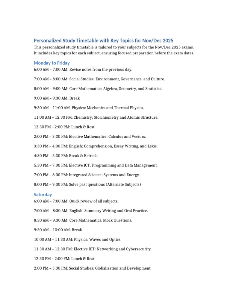 Personalized Study Timetable With Topics | PDF