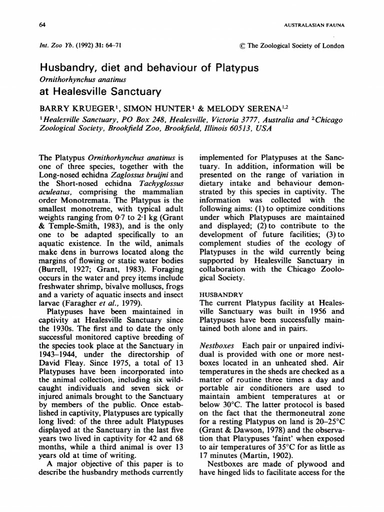 Husbandry Diet and Behaviour of Platypus | PDF | Zoology