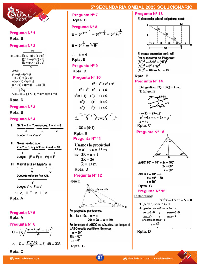 Solucionario 5º Secundaria Ombal 2023 | PDF
