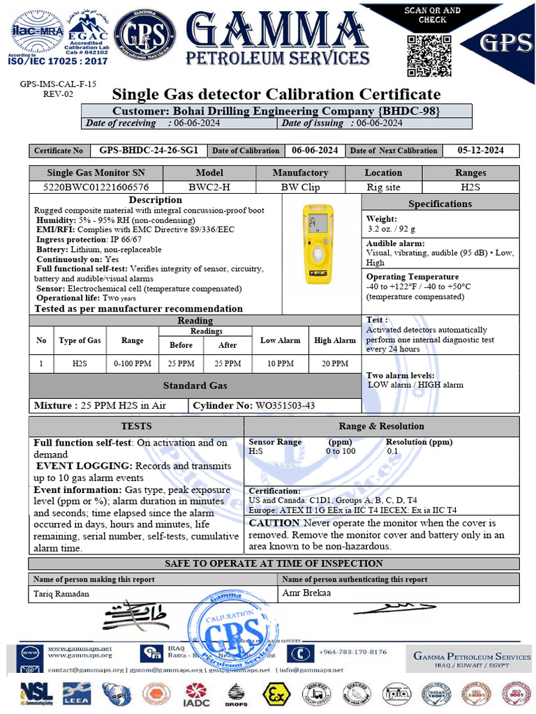 Single Gas Detector Calibration Certificate | PDF | Sensor