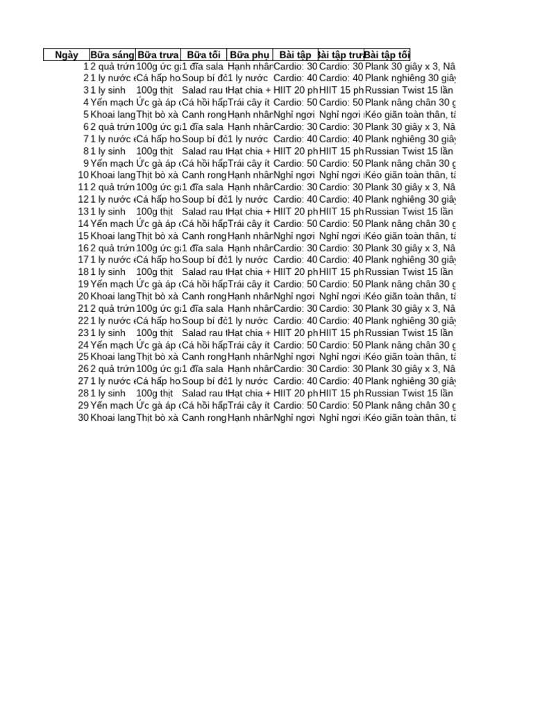 Thuc Don Va Bai Tap 30 Ngay 2 Buoi Cap Nhat | PDF