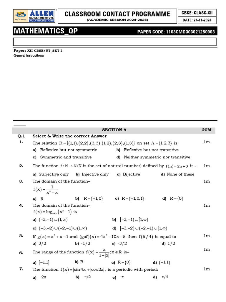 Enthuse-Cbse - Set I-Maths QP - 24-11-2024 | PDF | Function (Mathematics) | Functions And Mappings