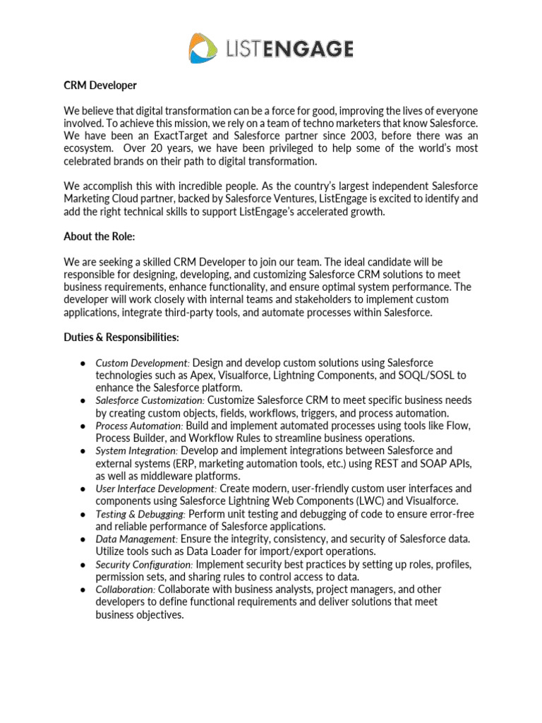 JD - CRM Developer-1 | PDF | Cloud Computing | Customer Relationship Management