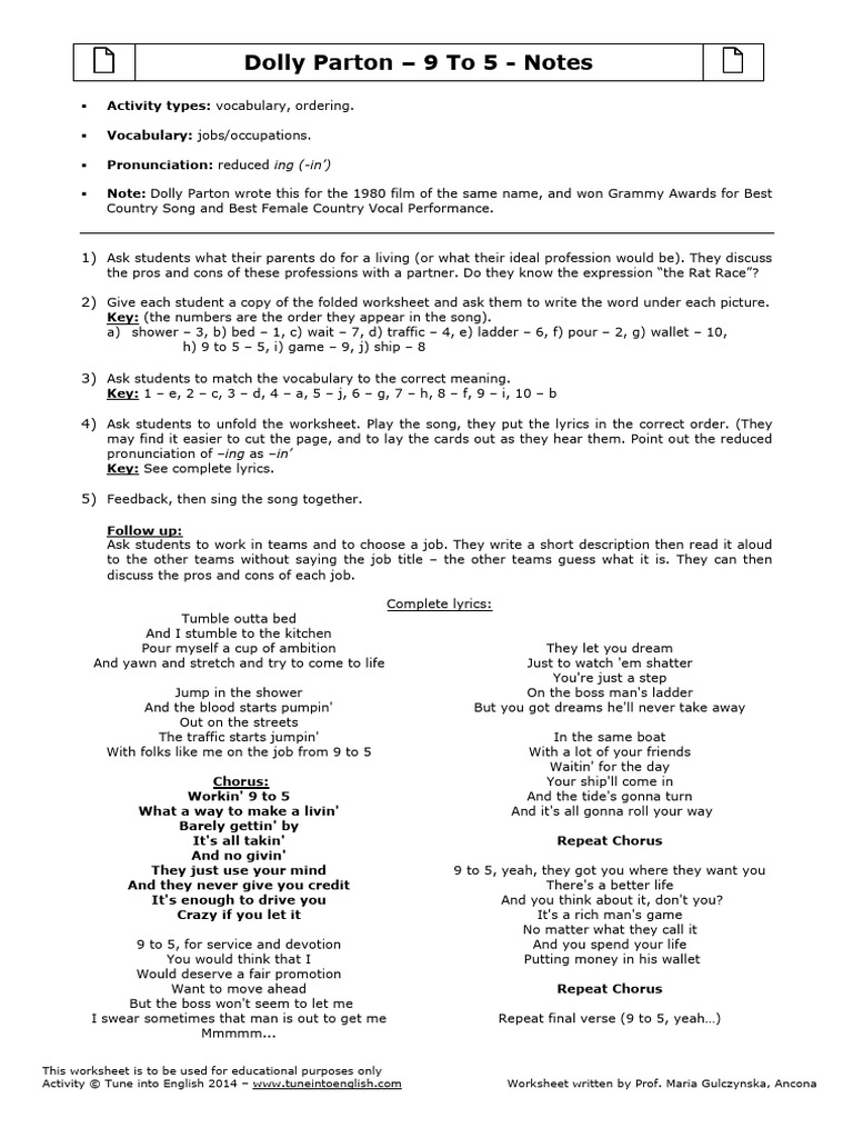 Dolly Parton's "9 to 5" Worksheet | PDF