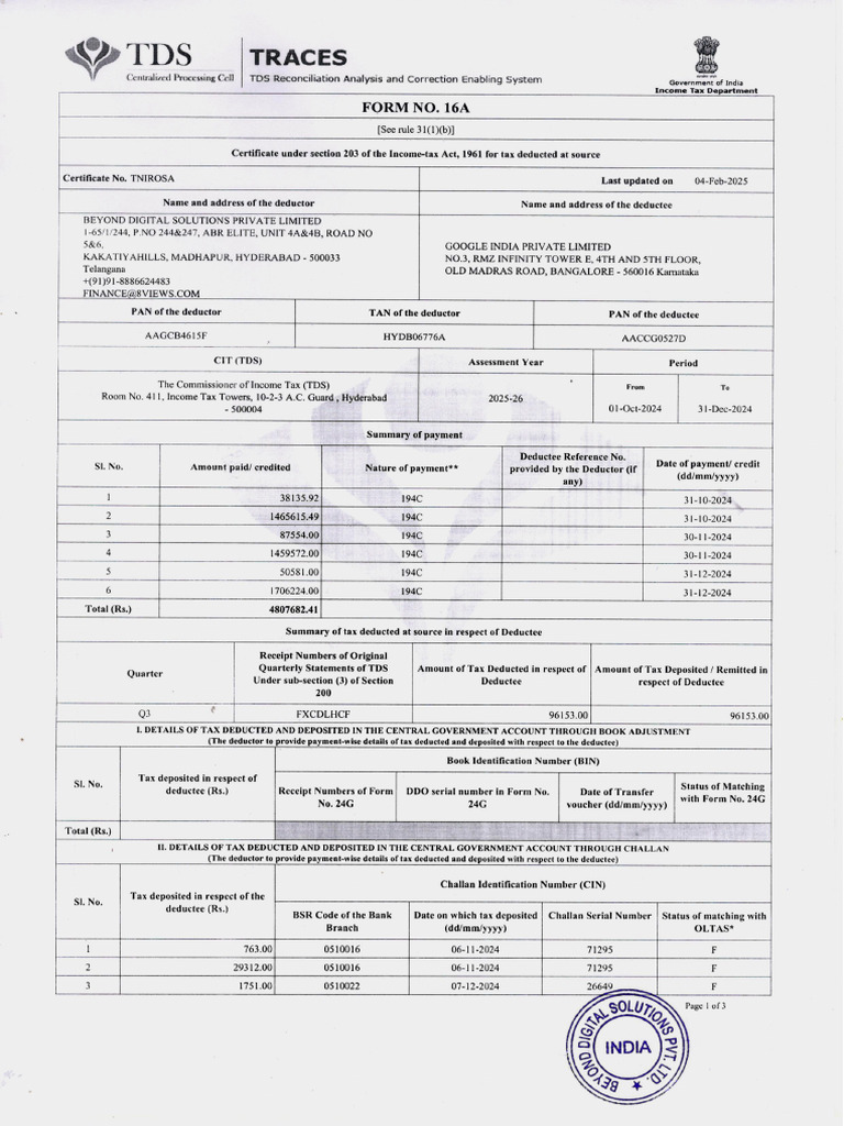 Google TDS Form-16A For Q-3 FY 2024-25 | PDF
