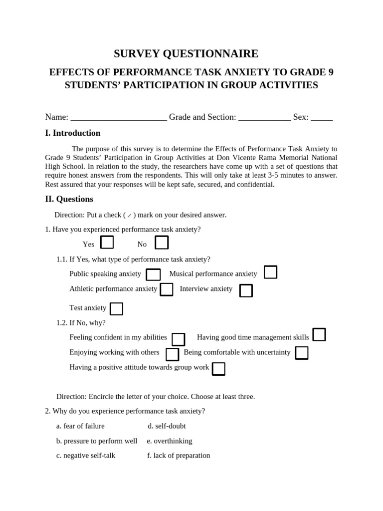 Survey and Questionnaire Group 4 | PDF | Anxiety | Questionnaire