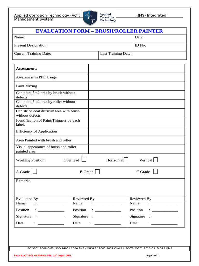 ACT-IMS-HR-R06 Rev 0 Dt. 18th August 2015 Brush-Roller Evaluation Form ...