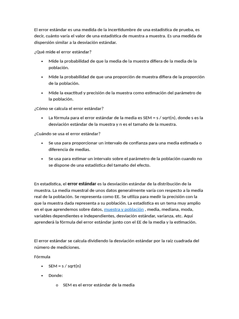 Cálculo y Definición del Error Estándar | PDF | Error estándar ...