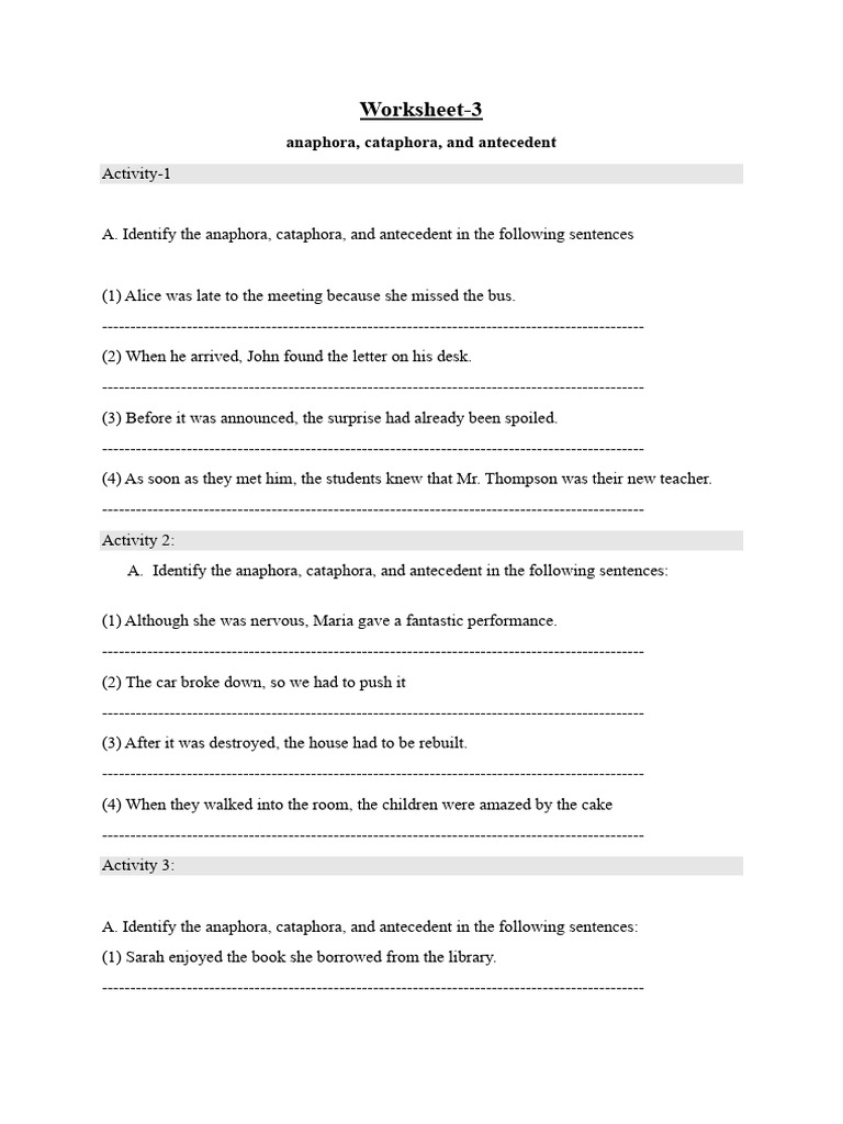 Worksheet-3 on Anaphora cataphora | PDF