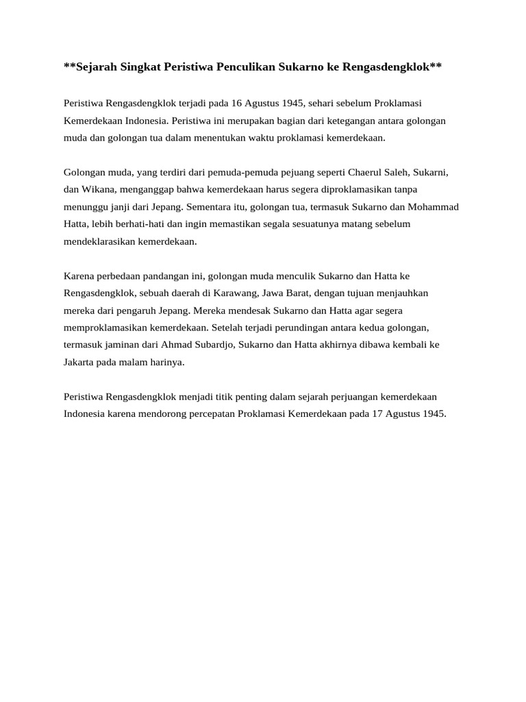Sejarah Singkat Peristiwa Penculikan Sukarno Ke Rengasdengklok | PDF