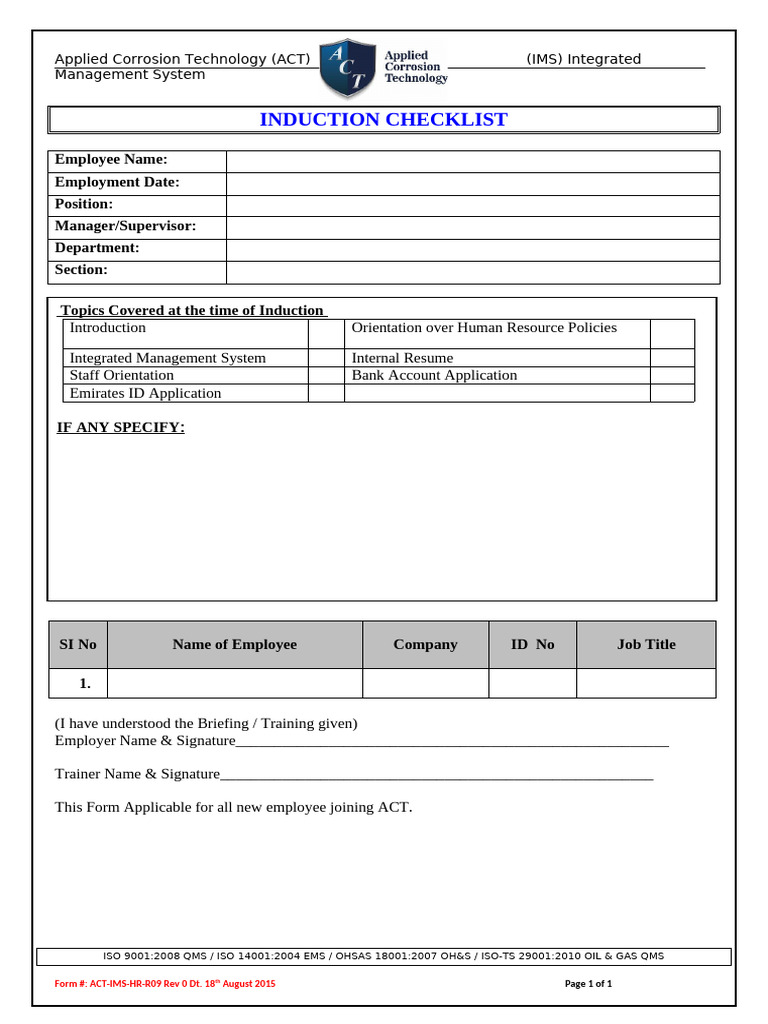 ACT-IMS-HR-R09 Rev 0 Dt. 18th August 2015 Induction Check List | PDF