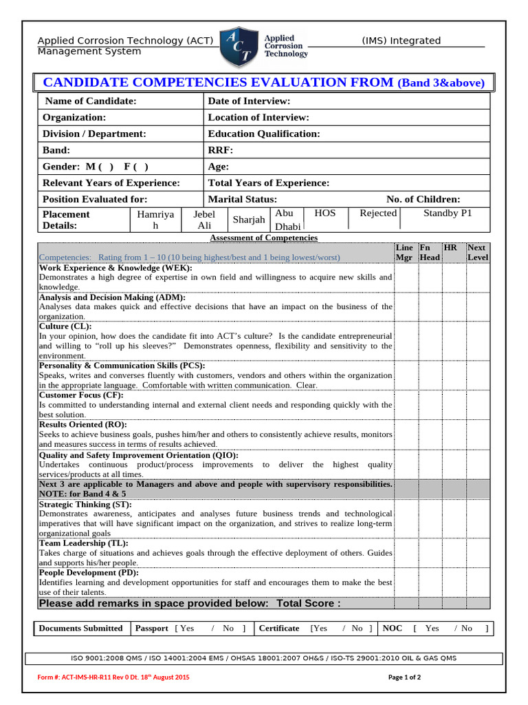 ACT-IMS-HR-R11 Rev 0 Dt. 18th August 2015 Competency Evaluation - Band 3 and Above | PDF ...