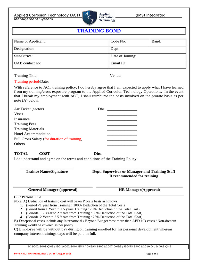 ACT-IMS-HR-R12 Rev 0 Dt. 18th August 2015 Training Bond | PDF