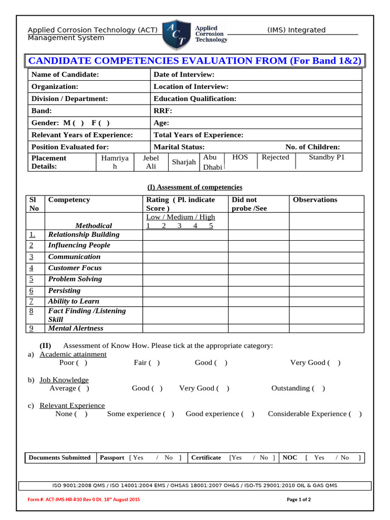 ACT-IMS-HR-R10 Rev 0 Dt. 18th August 2015 Competency Evaluation - Band 1 and 2 | PDF