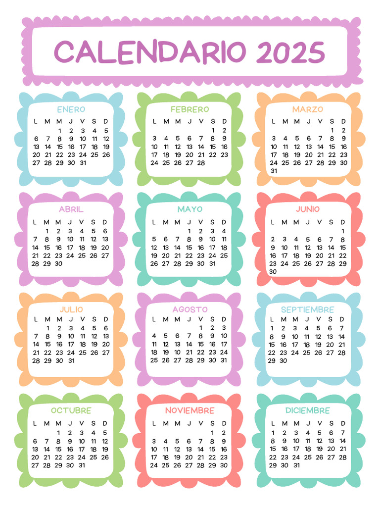 Documento A4 Calendario 2025 para Niños Bonito Infantil Multicolor ...