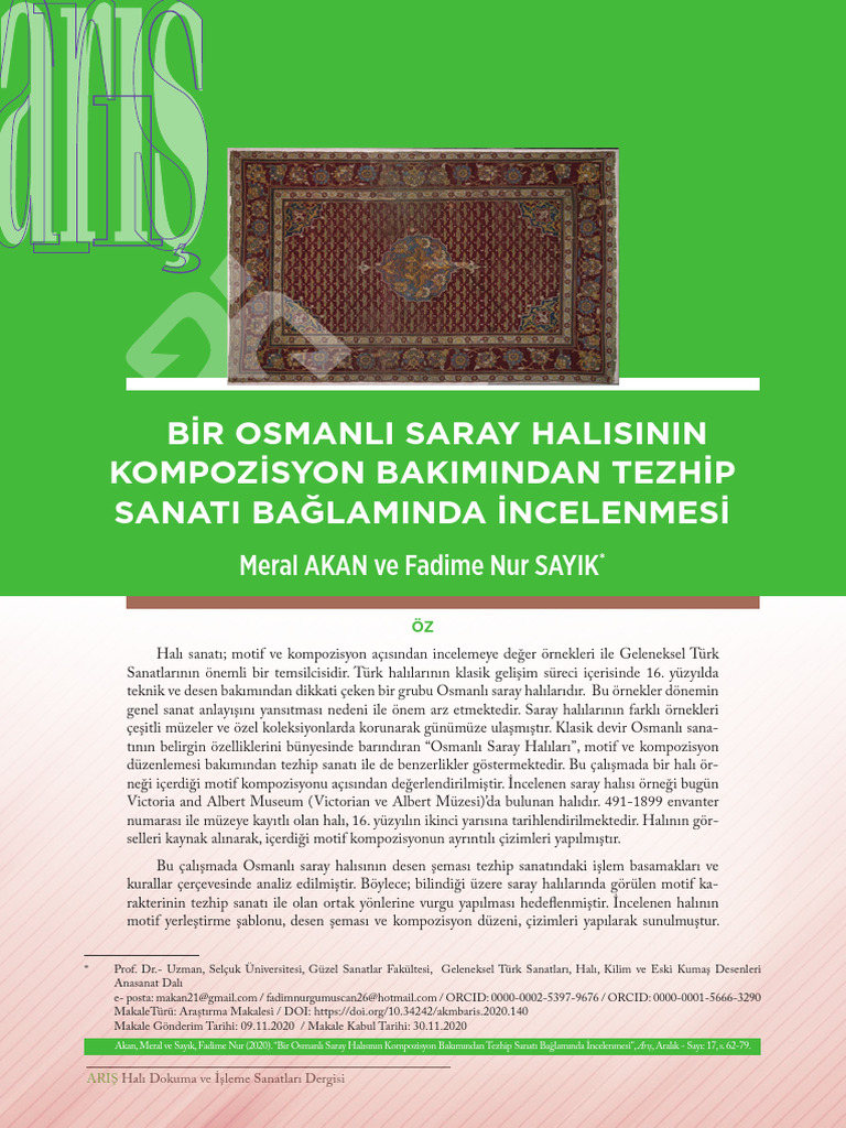 Bi̇r Osmanli Saray Halisinin Kompozi̇syon Bakimindan Tezhi̇p Sanati Bağlaminda İncelenmesi̇ | PDF