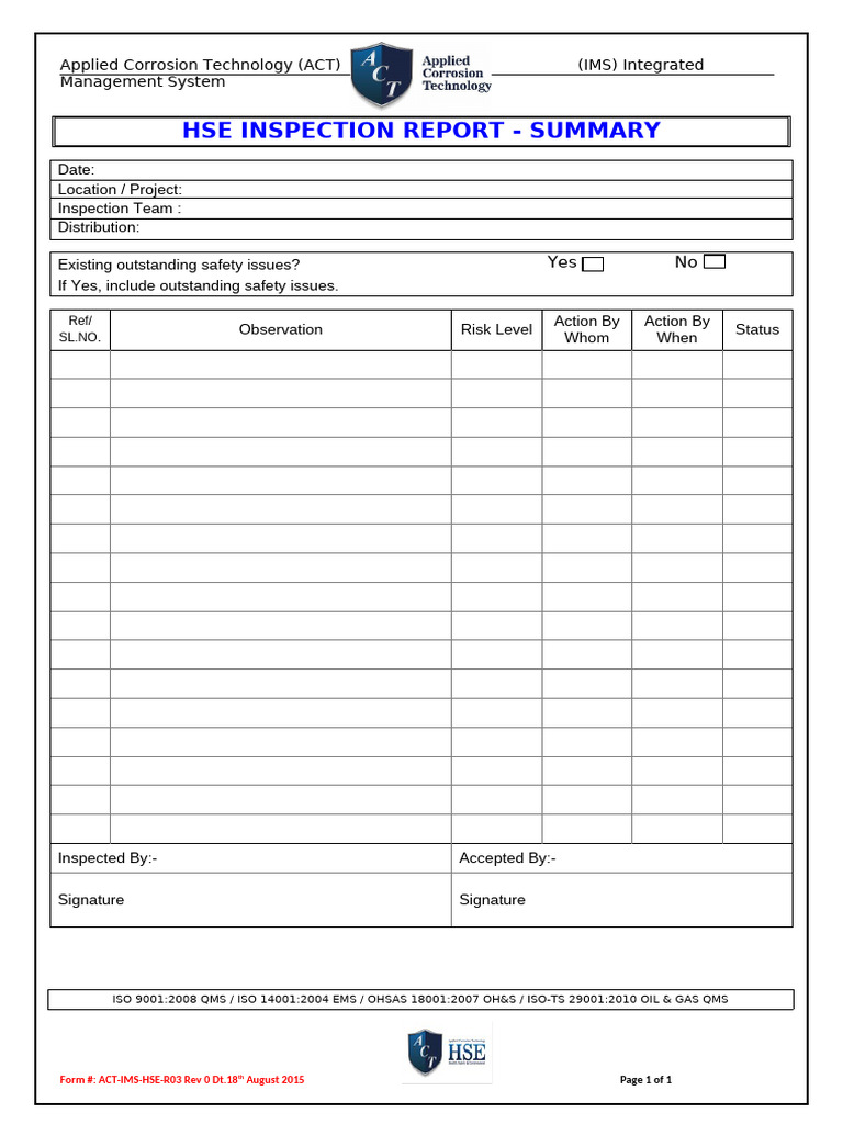 ACT-IMS-HSE-R03 Rev 0 Dt. 18th August 2015 HSE Inspection Report ...