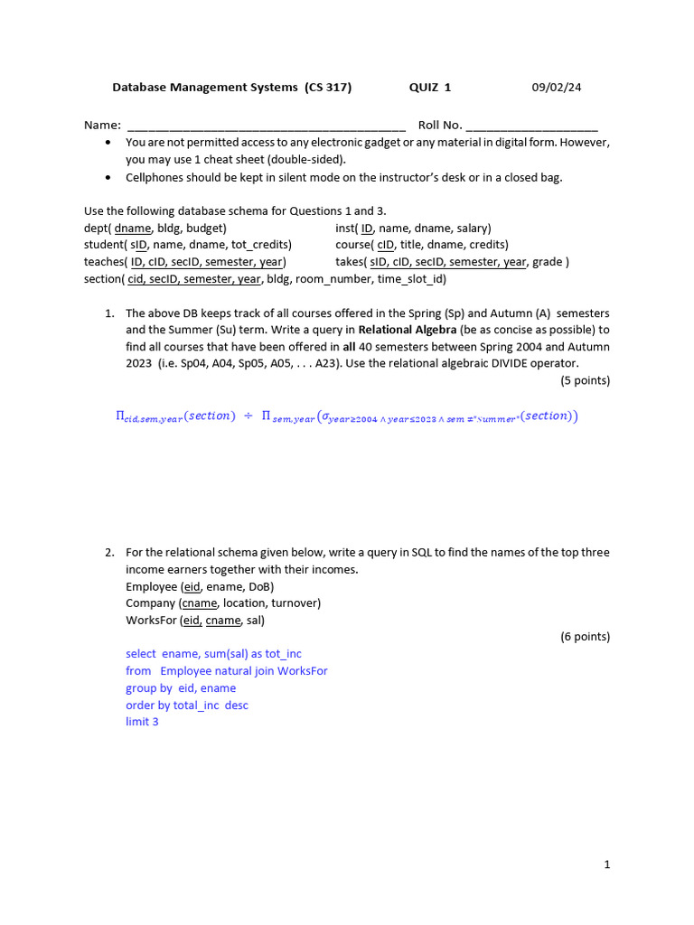 Quiz1 Rubric Sol | PDF | Data Management | Information Technology ...
