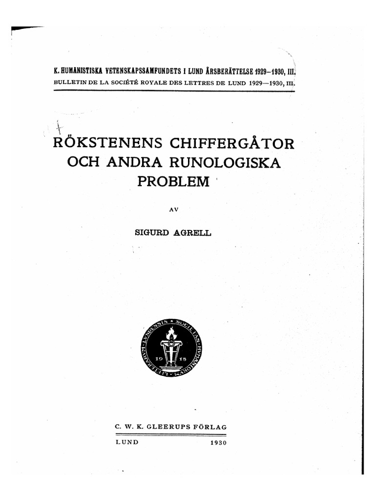 Sigurd Agrell - Rökstenens Chiffergåtor Och Andra Runologiska Problem | PDF