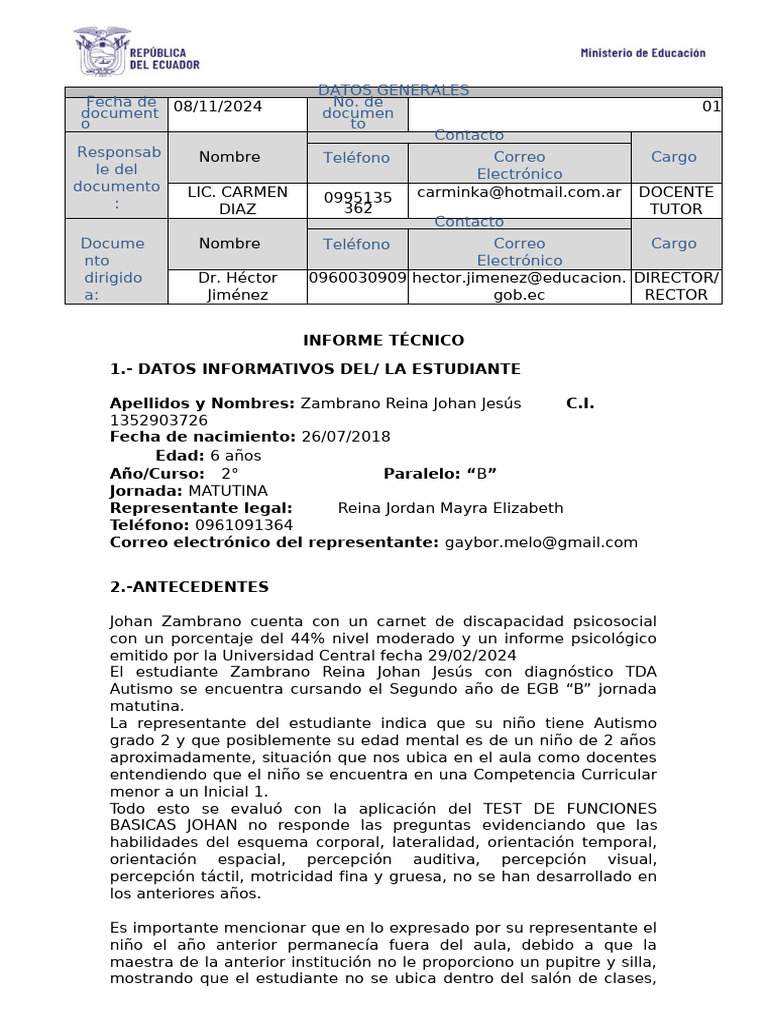 Informe Tecnico Zambrano Johan | PDF | Salón de clases | Aprendizaje