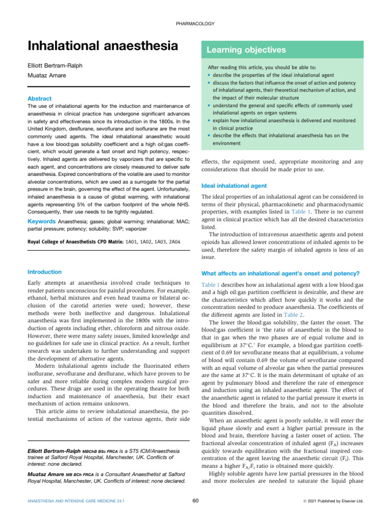 inhalational anesthesia | PDF | Anesthesia