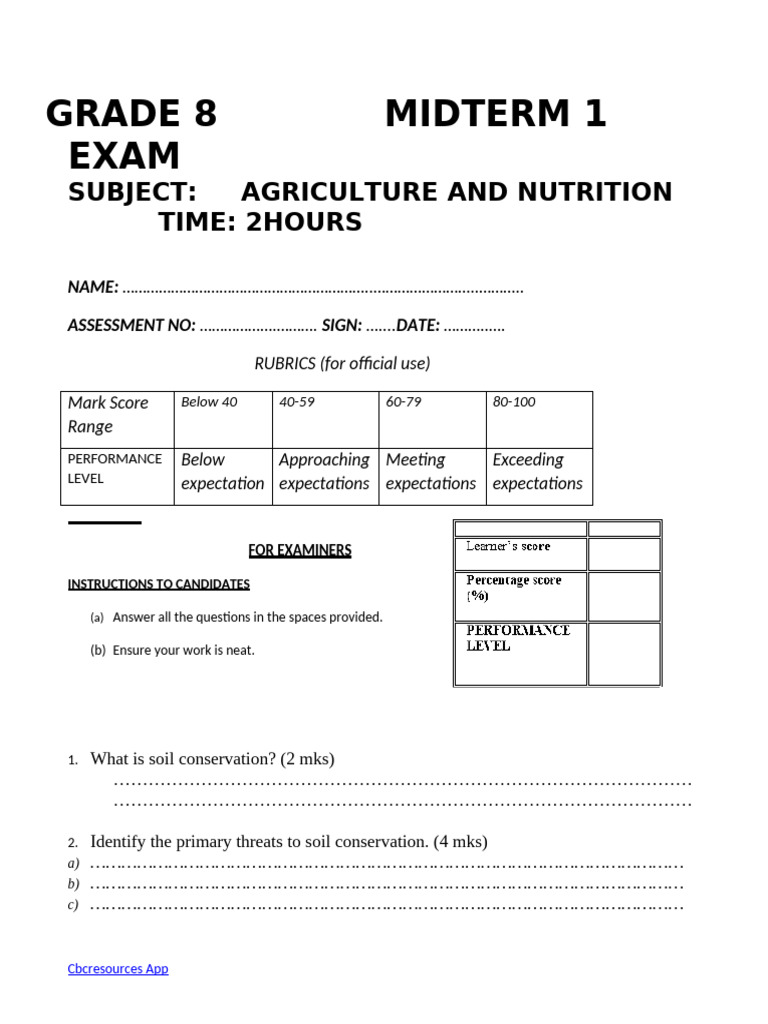 GRADE 8 AGICULTURE AND NUTRITION QS Ope MIDTERM 1 2024 | PDF | Agriculture | Horticulture