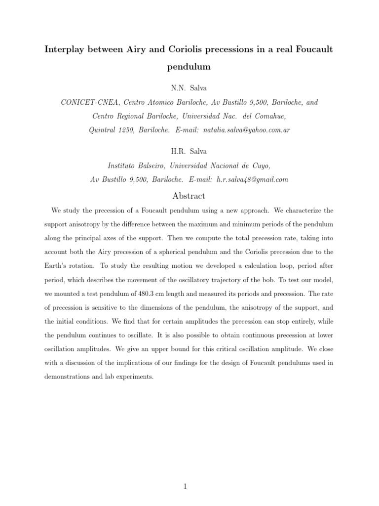 Airy and Coriolis Precessions in Foucault Pendulum | PDF | Pendulum ...