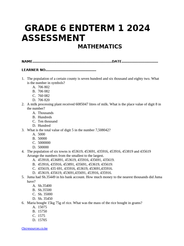 Grade 6 Mathematics Endterm 1 Exam 2024 | PDF
