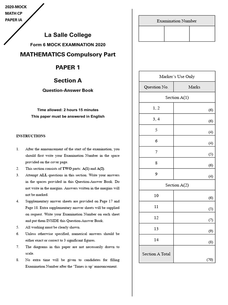 2020 Form 6 Mock Math Exam Paper 1 | PDF | Mathematics