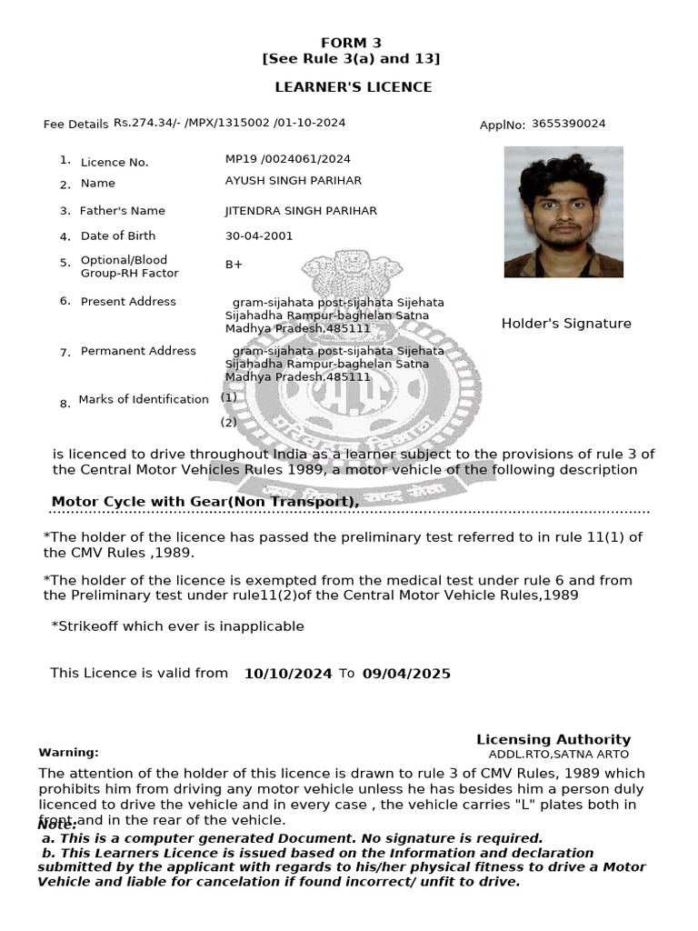 Form 3 (See Rule 3 (A) and 13) Learner'S Licence: Warning | PDF | Road Transport | Vehicles