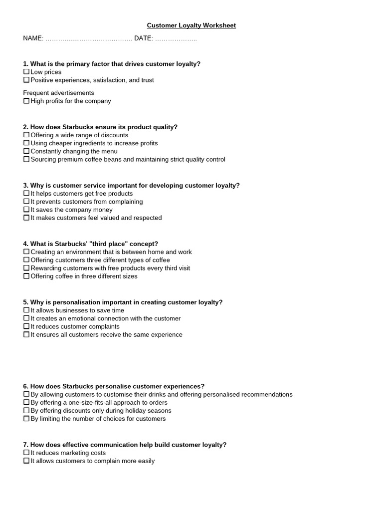 Customer Loyalty Worksheet Week 1 | PDF | Loyalty Program | Starbucks