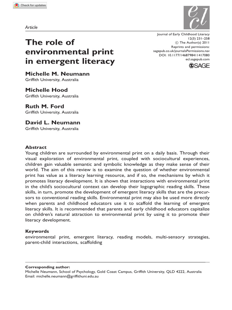 Neumann Et Al 2011 The Role of Environmental Print in Emergent Literacy ...