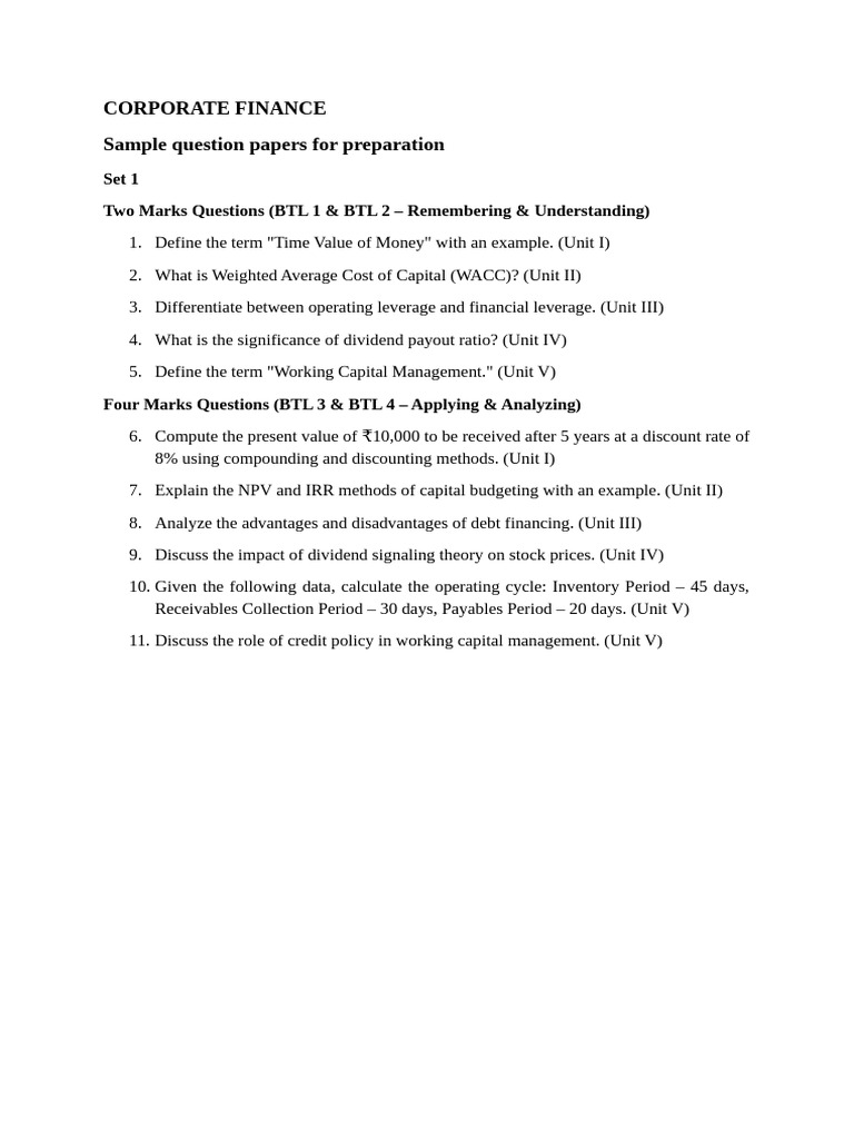 Corporate Finance Question Papers | PDF | Dividend | Net Present Value