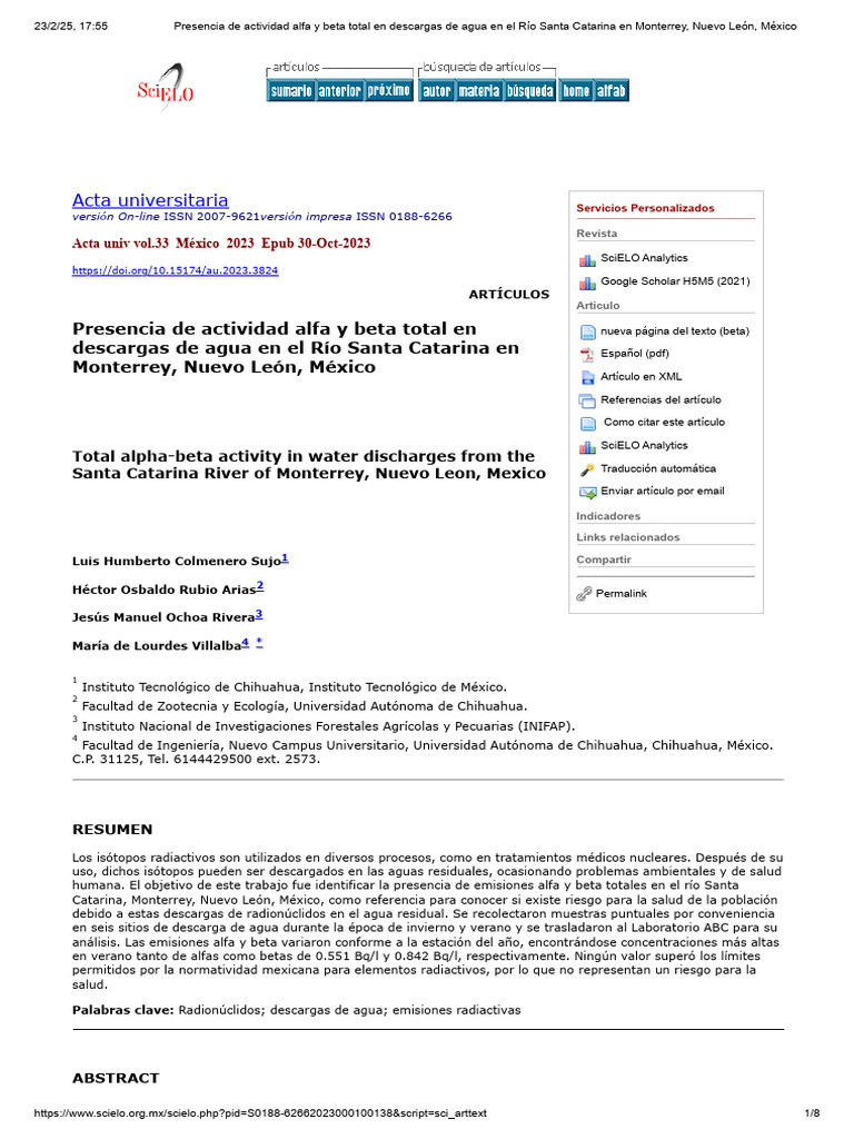 Presencia de actividad alfa y beta total en descargas de agua en el Río ...