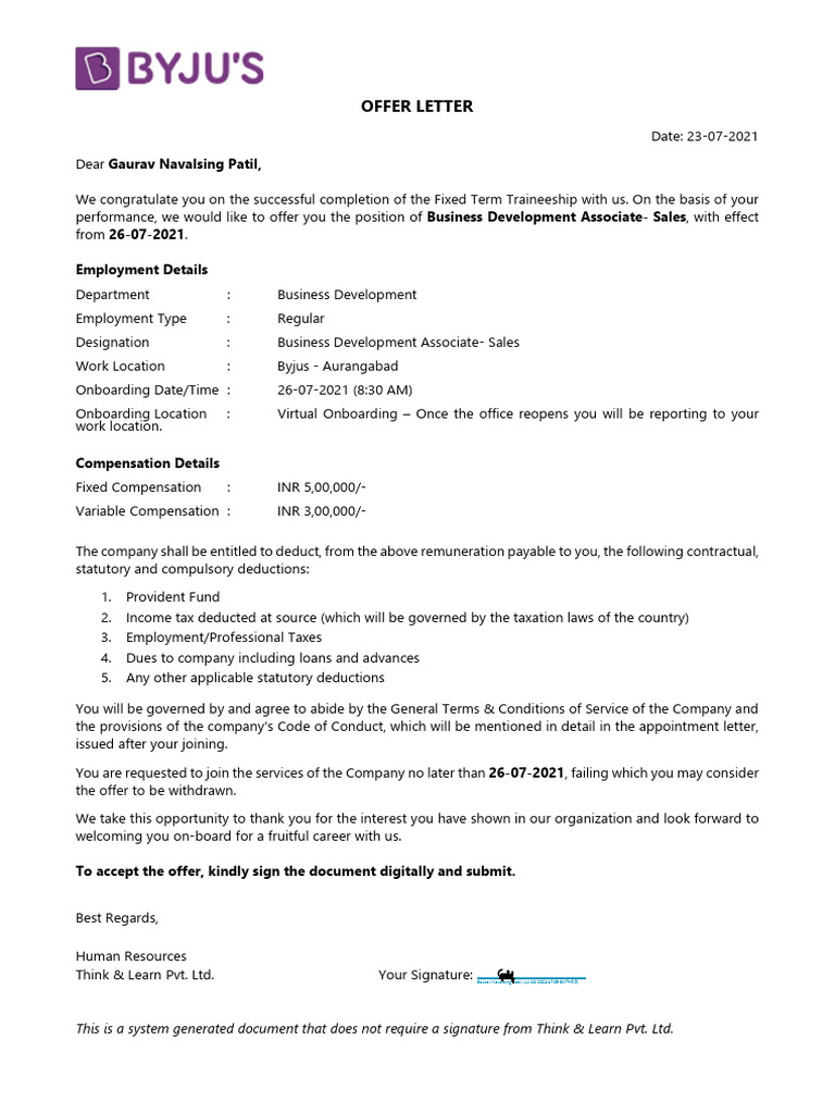 Byju' S Offer Letter - TNL71861020 - Signed | PDF | Taxes | Public Finance