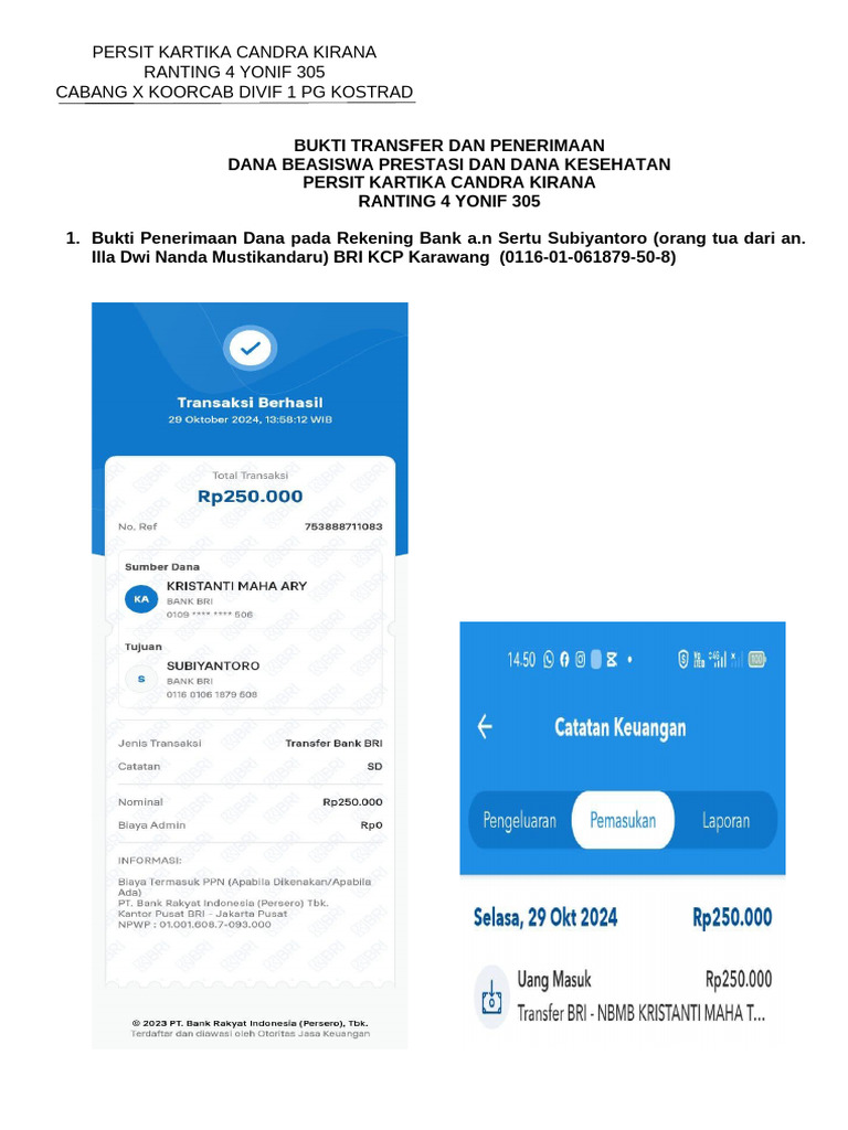 BUKTI TRANSFER PENERIMAAN BEASISWA RANTING 4 YONIF 305-1 | PDF