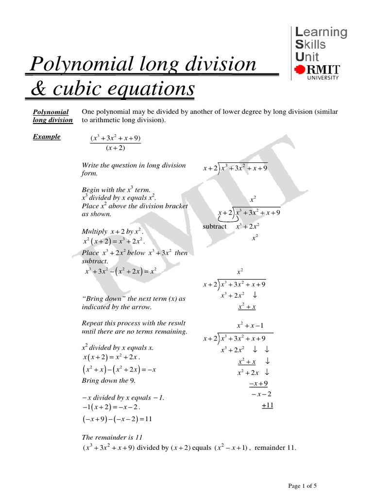 Polynomial Long Division & Cubic Equations: X X X X | PDF | Polynomial ...