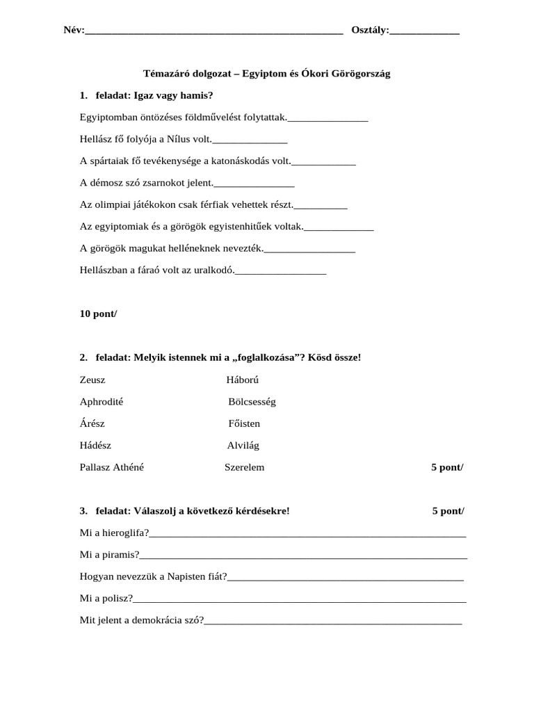 Osztály TÉMAZÁRÓ Dolgozat - Egyiptom És Görögök | PDF