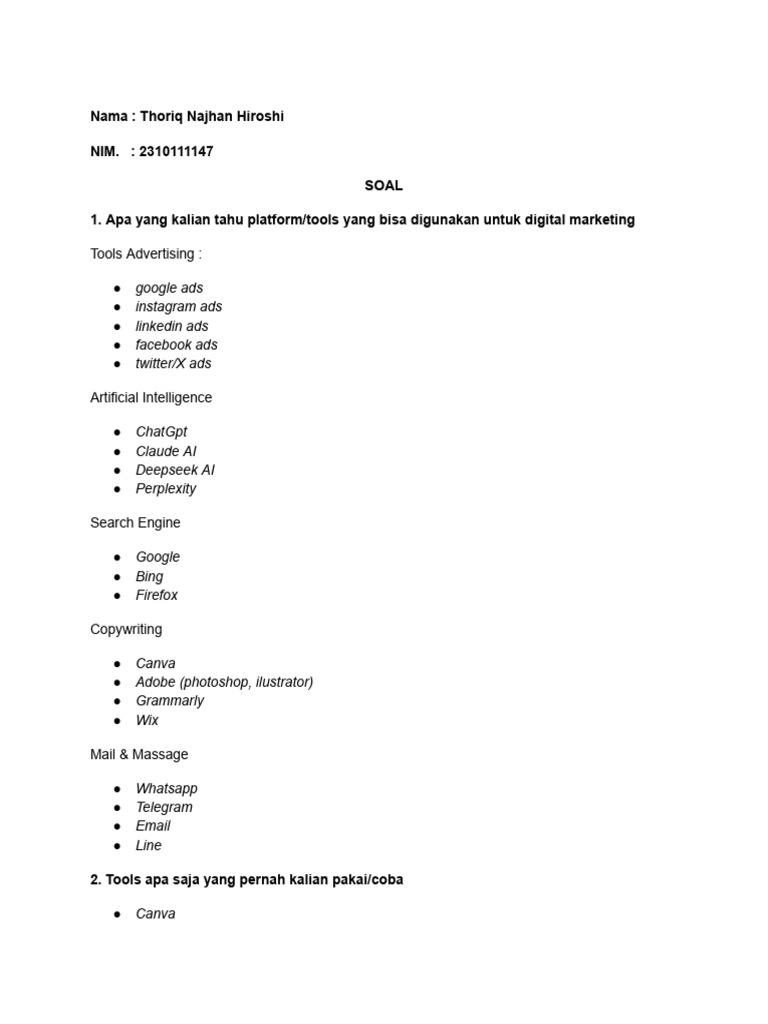Soal TM 1 Digital Marketing Thoriq Najhan Hiroshi 147 | PDF