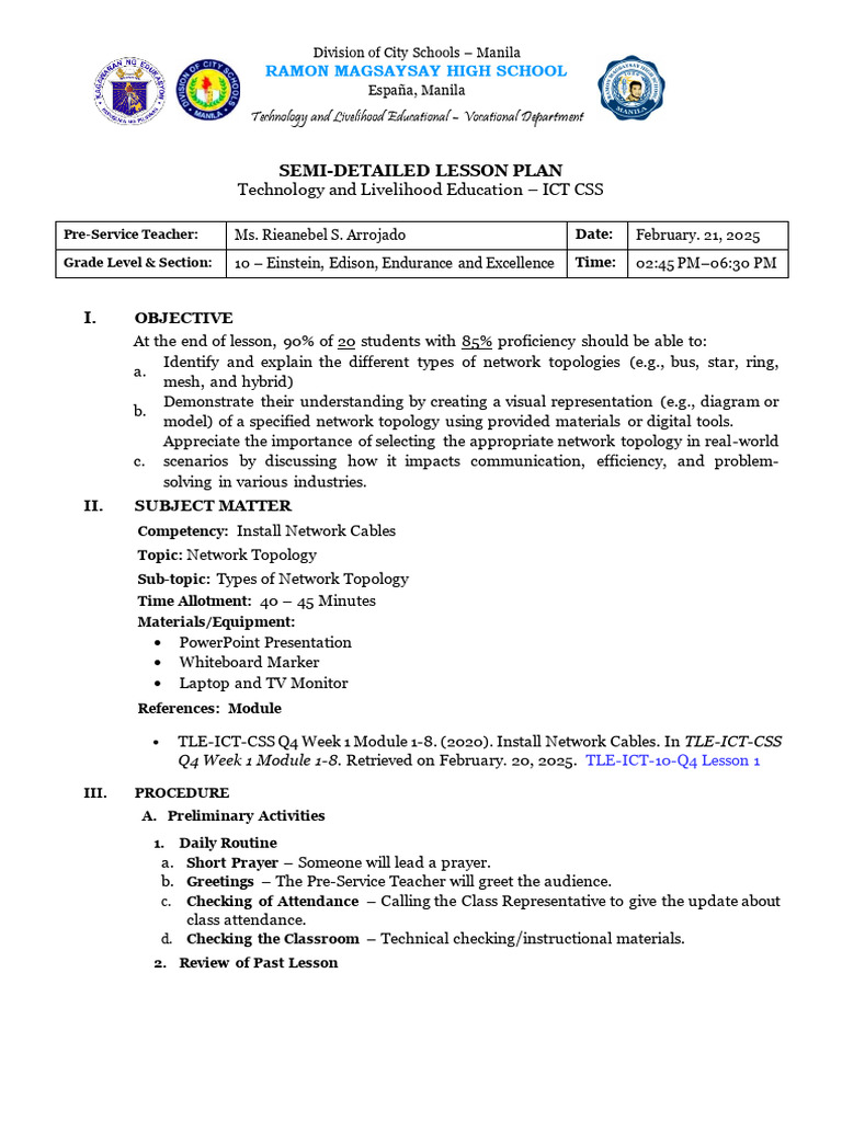 Semi-Detailed Lesson Plan No. 3 | PDF | Network Topology | Computer Network