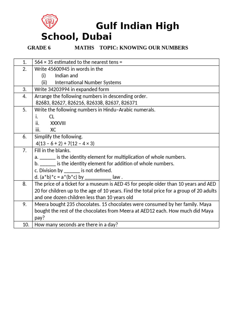 Class 6 Maths: Knowing Our Numbers Worksheet | PDF